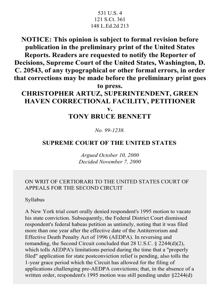 Artuz v. Bennett, 531 U.S. 4 (2000) | PDF | Antiterrorism And Effective ...