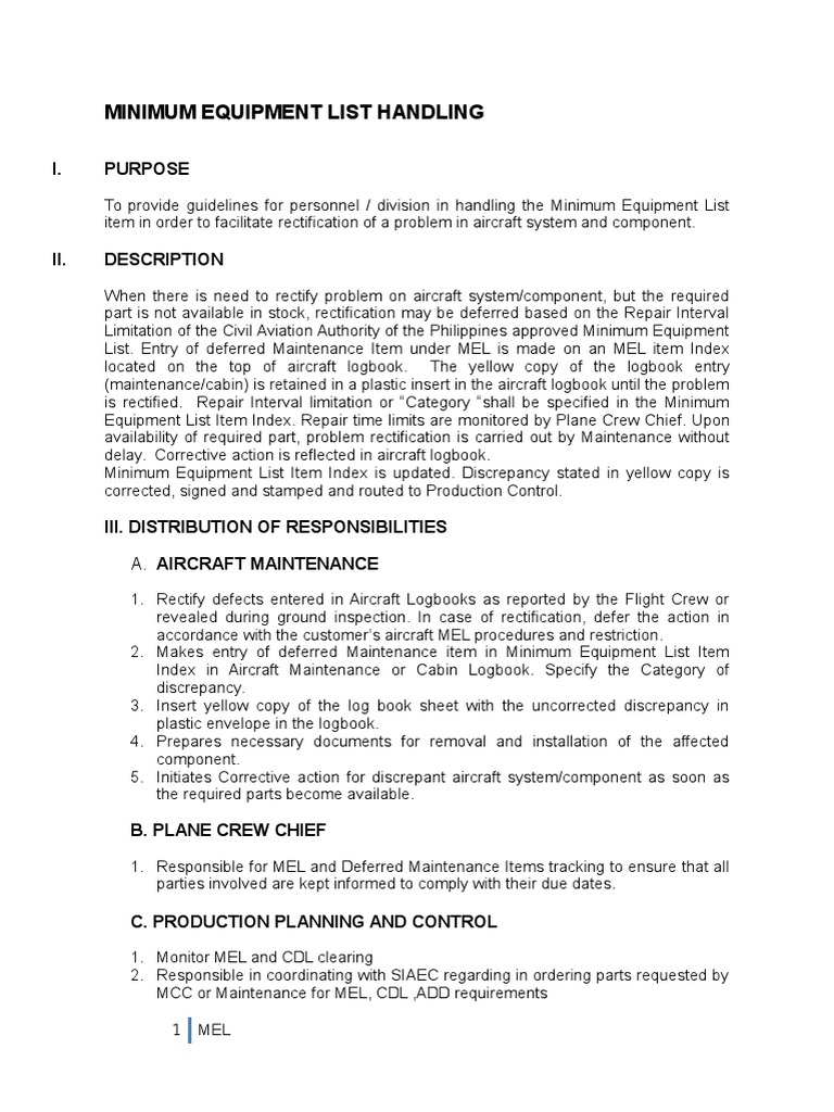 Minimum Equipment List Handling: I. Purpose | PDF | Rectifier | Aircraft