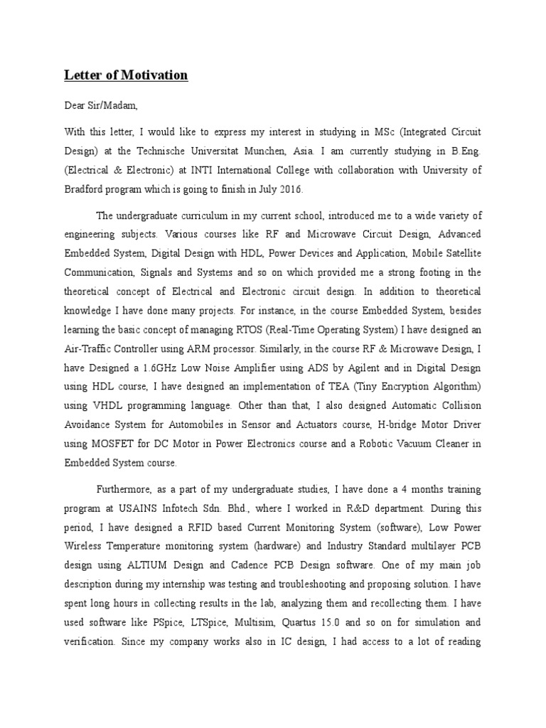 Letter of Motivation | PDF | Embedded System | Electronics