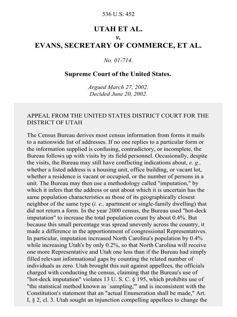 Utah v. Evans, 536 U.S. 452 (2002) | PDF | Standing (Law) | Sampling ...