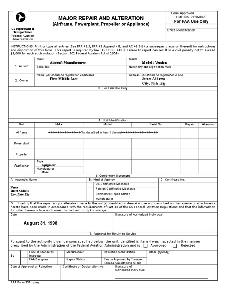 Faa Form 337 | PDF | Federal Aviation Administration | Aeronautics Faa Form 337 | PDF | Federal Aviation Administration | Aeronautics