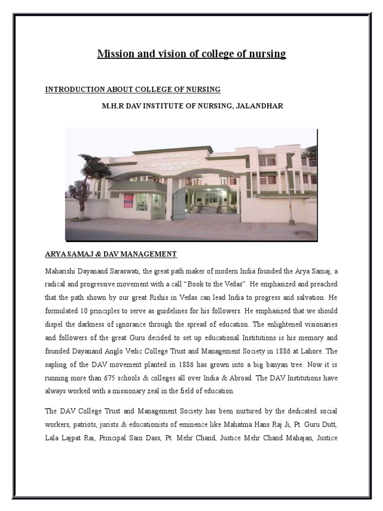 MHR DAV Nursing College Vision & Mission | PDF | Nursing | Learning