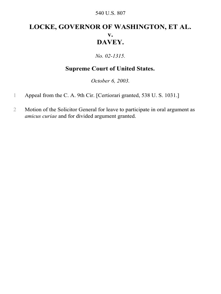 Locke, Governor of Washington v. Davey, 540 U.S. 807 (2003) | PDF ...
