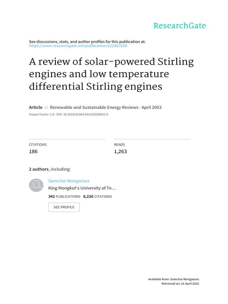 A Review of Solar-Powered Stirling Engines and | PDF | Internal ...