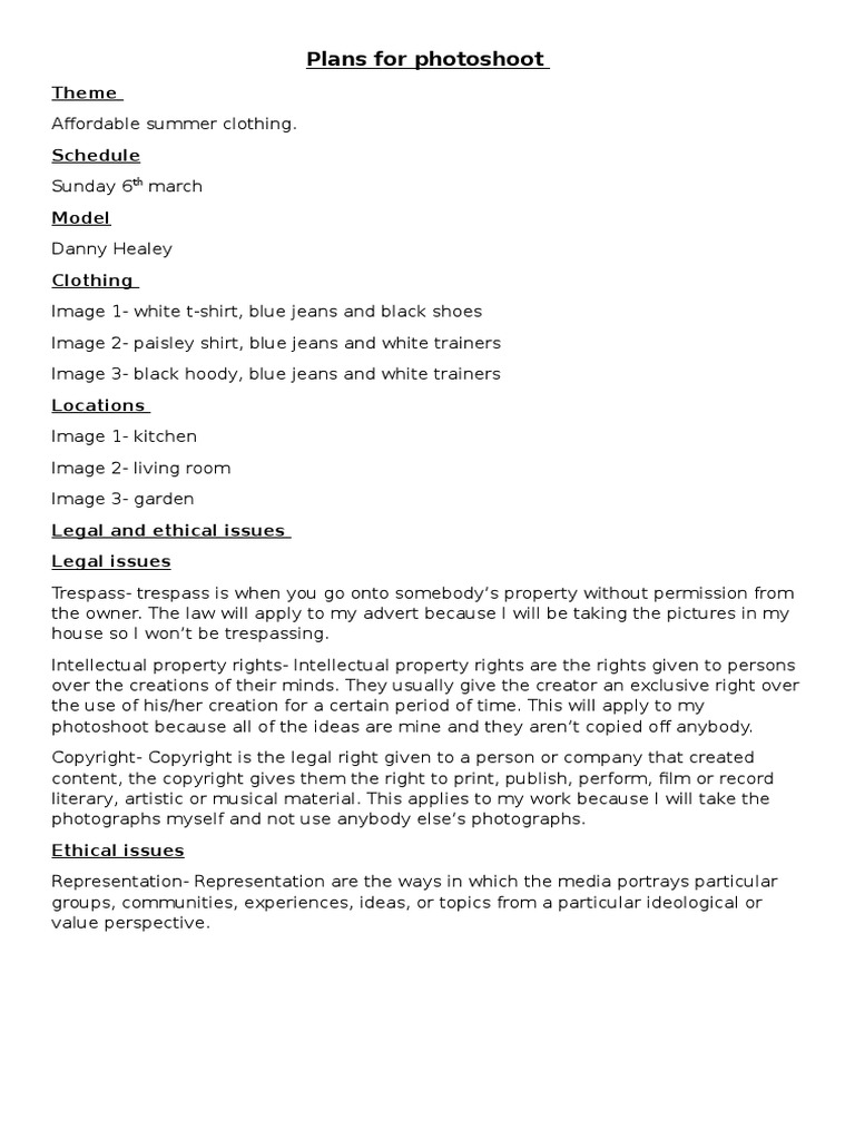 Plans For Photoshoot | PDF