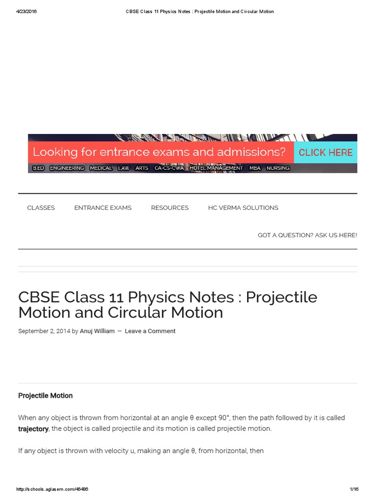 CBSE Class 11 Physics Notes - Projectile Motion and Circular Motion ...