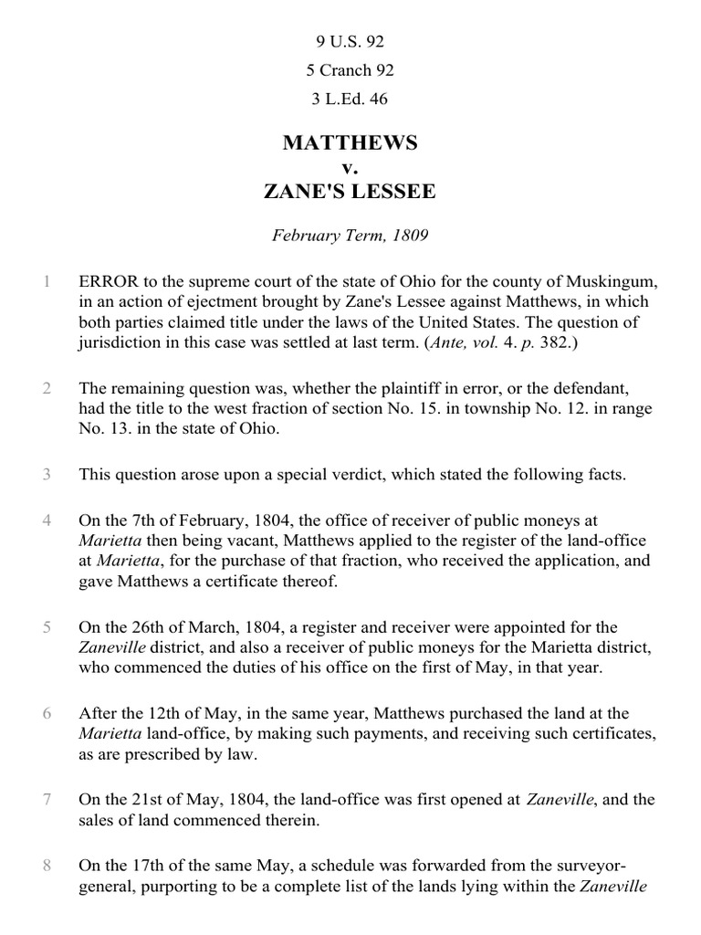 Matthews v. Zane's Lessee, 9 U.S. 92 (1809) | PDF | Precedent | Public Law