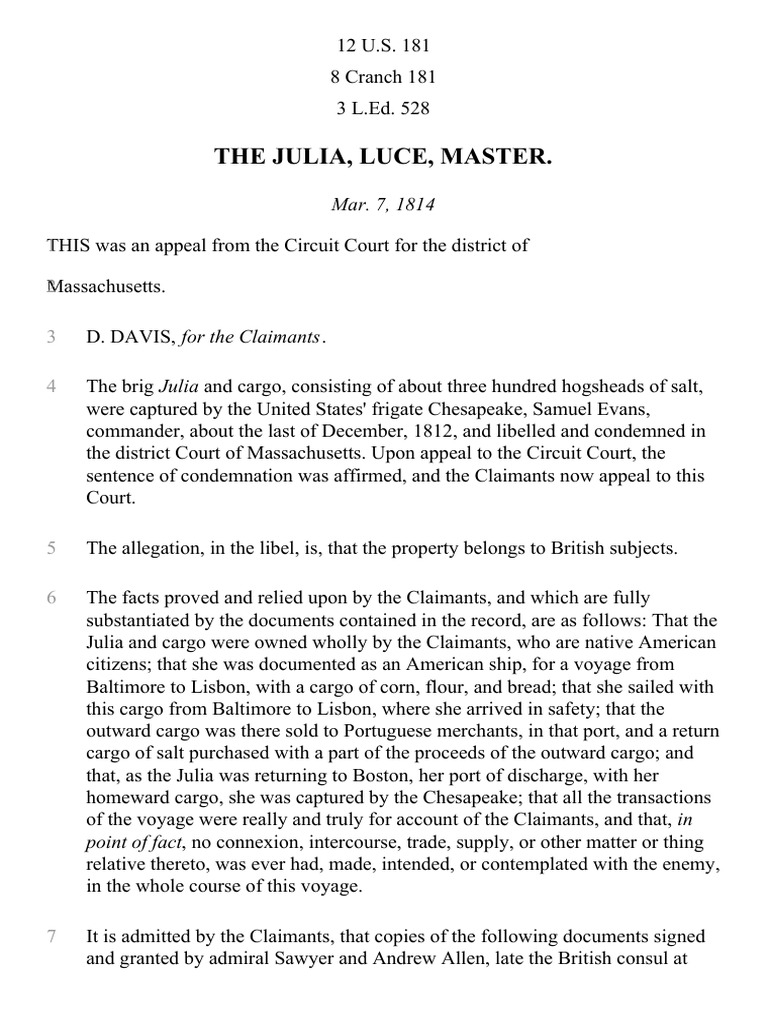 The Julia, Luce, Master, 12 U.S. 181 (1814) | PDF | Prize (Law ...