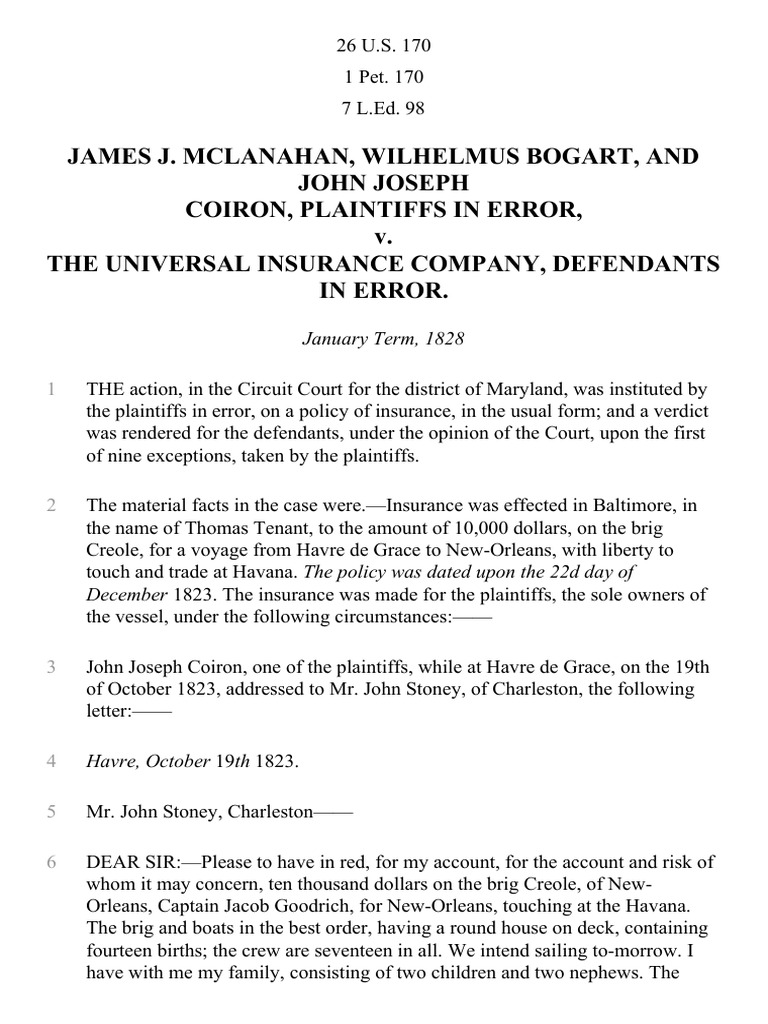 M'lanahan v. The Universal Insurance Company, 26 U.S. 170 (1828) | PDF ...