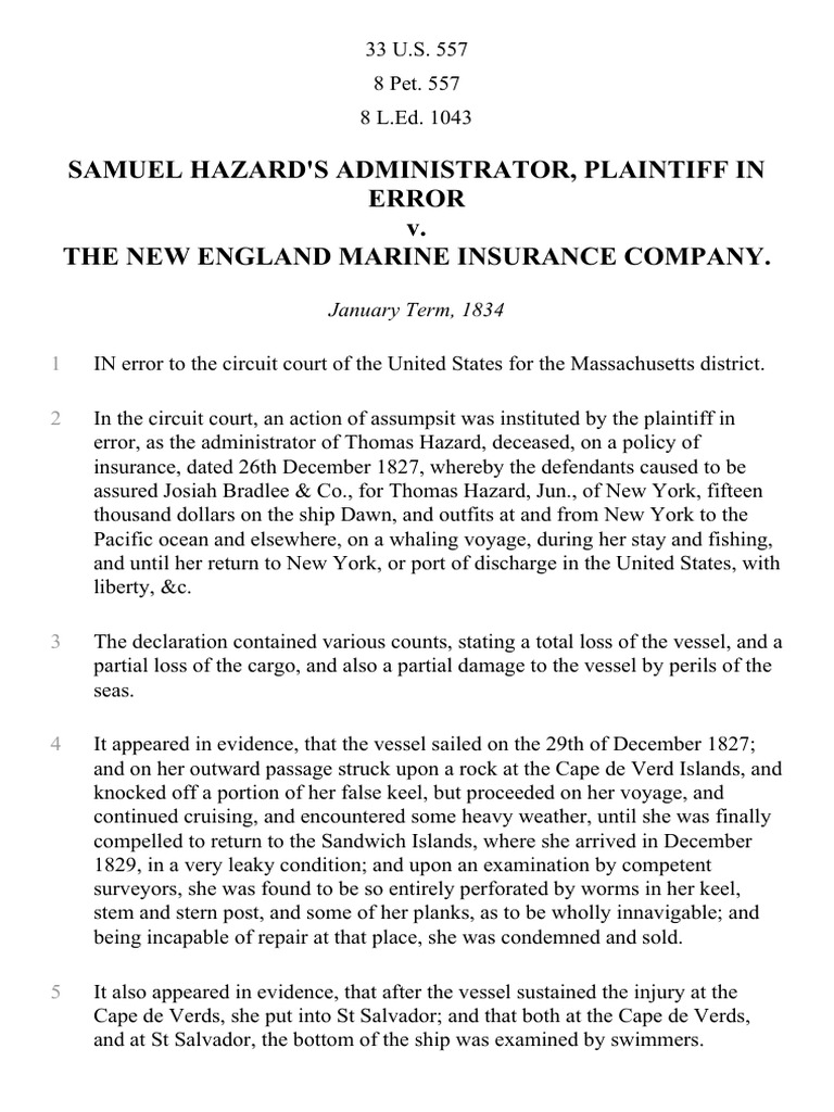Hazard's Administrator v. New England Marine Ins. Co., 33 U.S. 557 ...