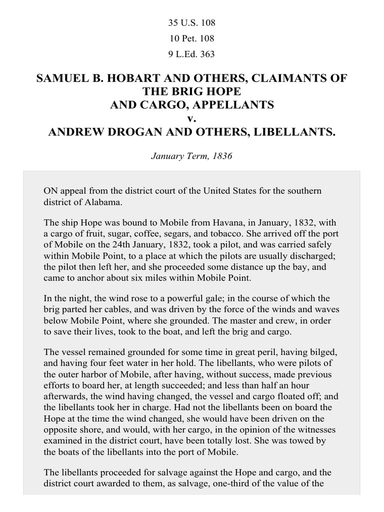 Samuel B. Hobart and Others, of The Brig Hope and Cargo v. Andrew ...