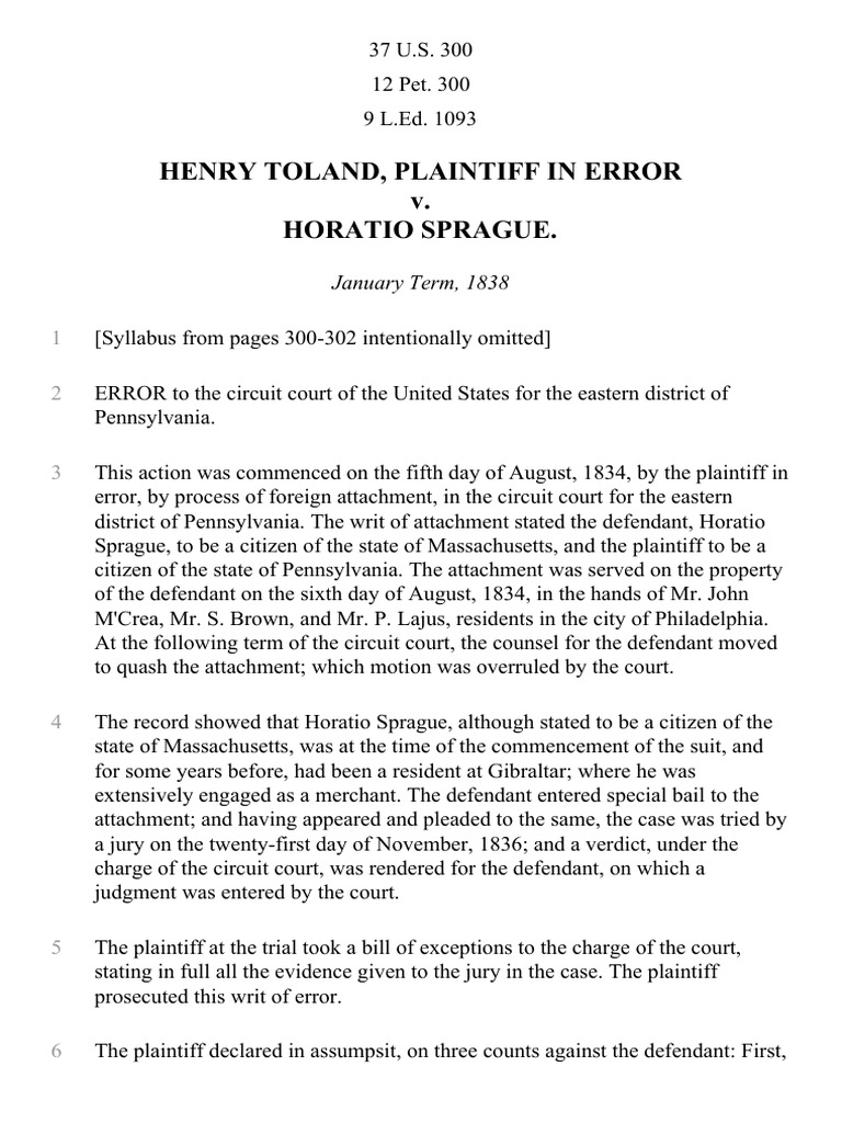 Toland v. Sprague, 37 U.S. 300 (1838) | PDF | Virginia Circuit Court ...