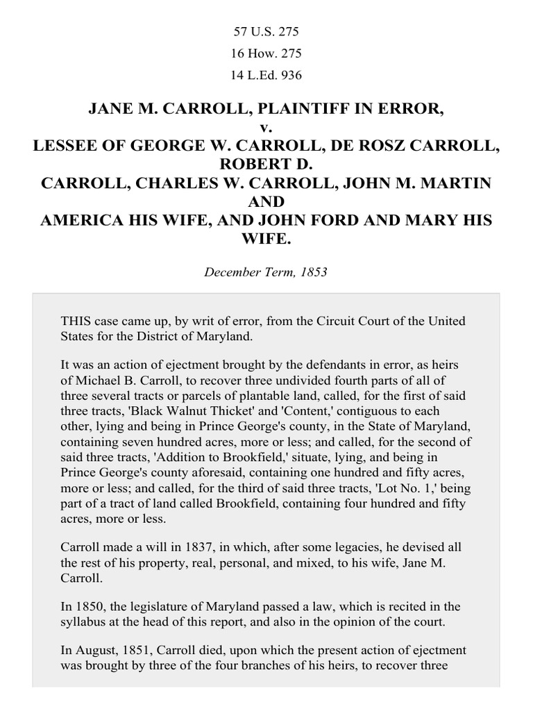 Carroll v. Lessee of Carroll, 57 U.S. 275 (1854) | PDF | Will And ...