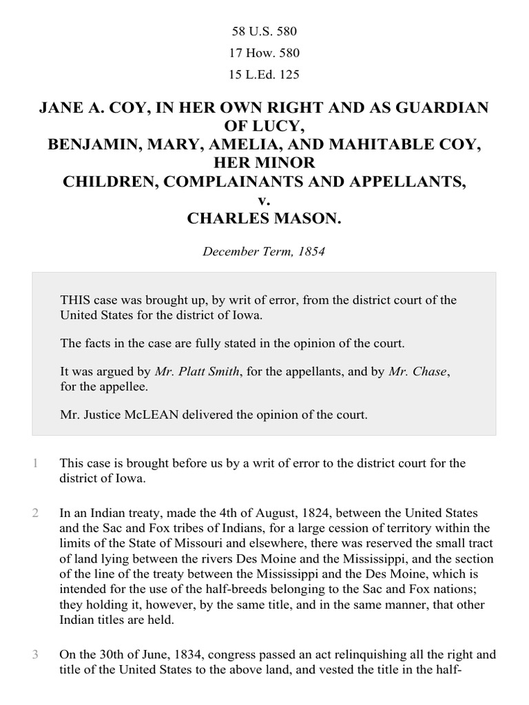 Coy v. Mason, 58 U.S. 580 (1855) | PDF | Lawsuit | Public Law
