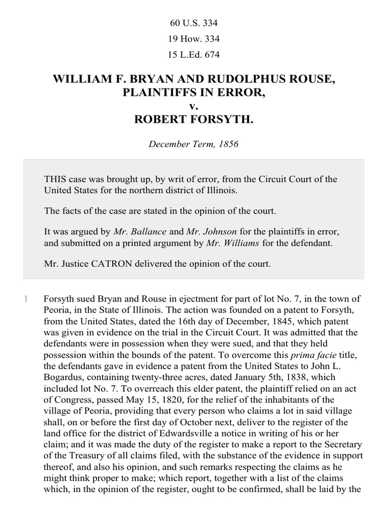 Bryan v. Forsyth, 60 U.S. 334 (1857) | PDF | Patent | Lawsuit