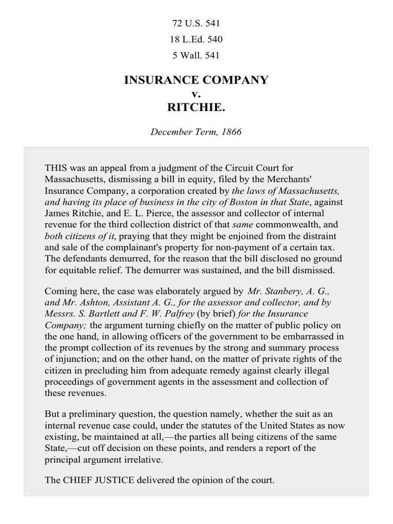 Insurance Co. v. Ritchie, 72 U.S. 541 (1867) | PDF | Judiciary Act Of ...