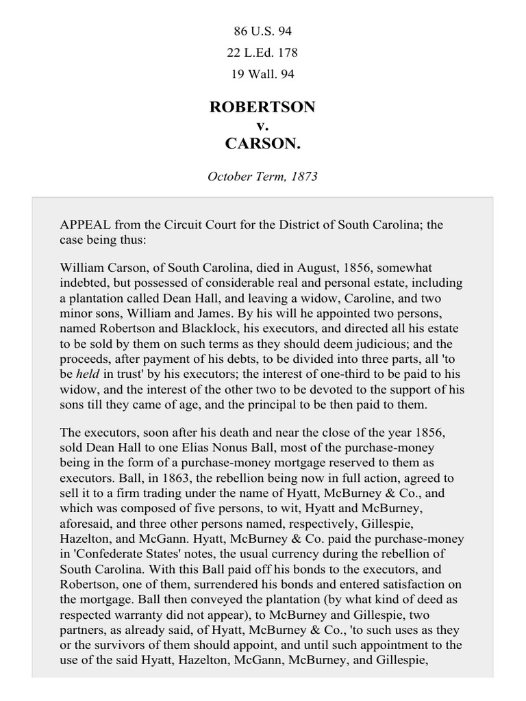 Robertson v. Carson, 86 U.S. 94 (1874) | PDF | Mortgage Law | Foreclosure