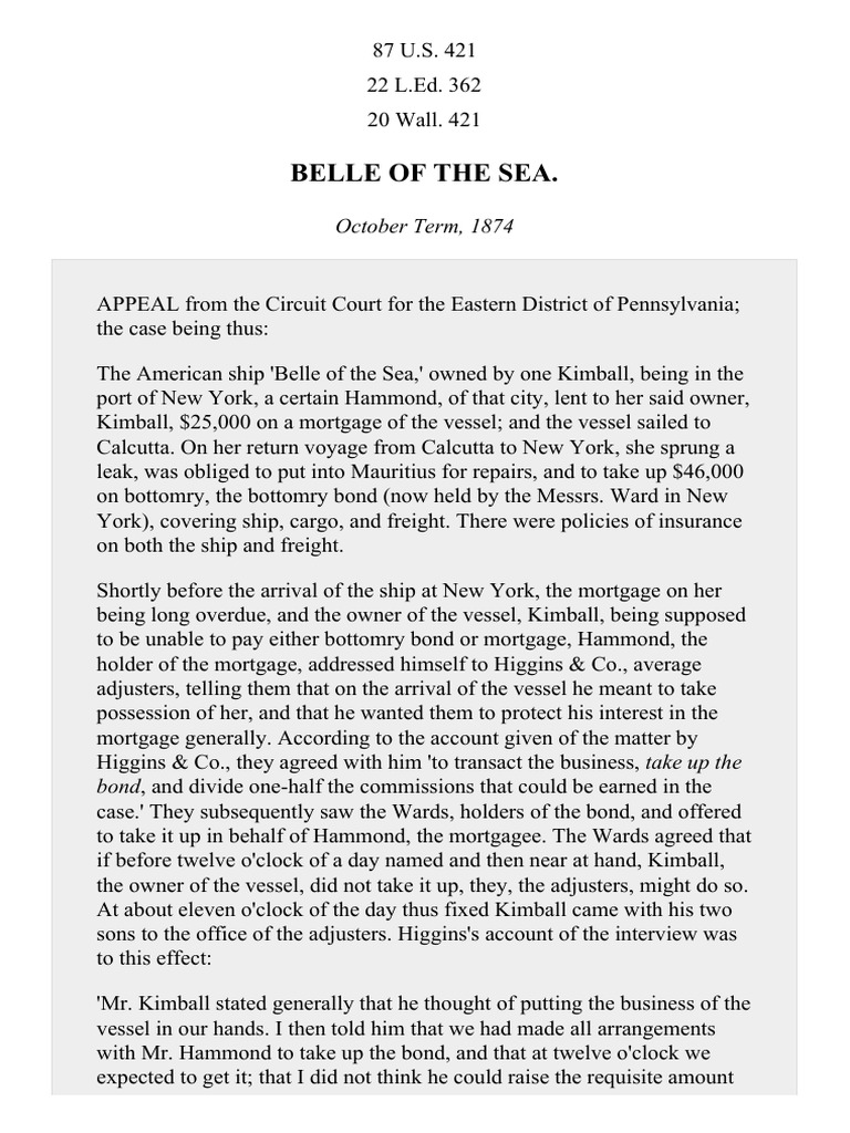 Belle of The Sea, 87 U.S. 421 (1874) | PDF | Estoppel | Insurance