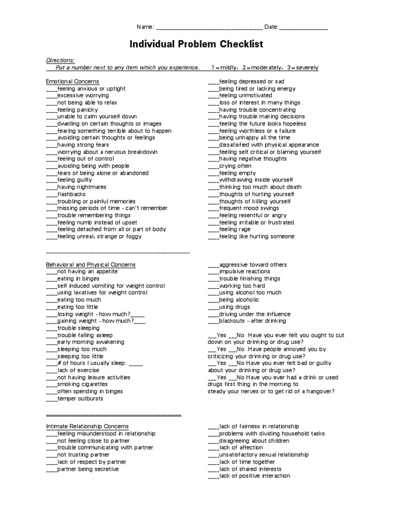 Individual Problem Checklist | Sexual Intercourse | Substance Abuse