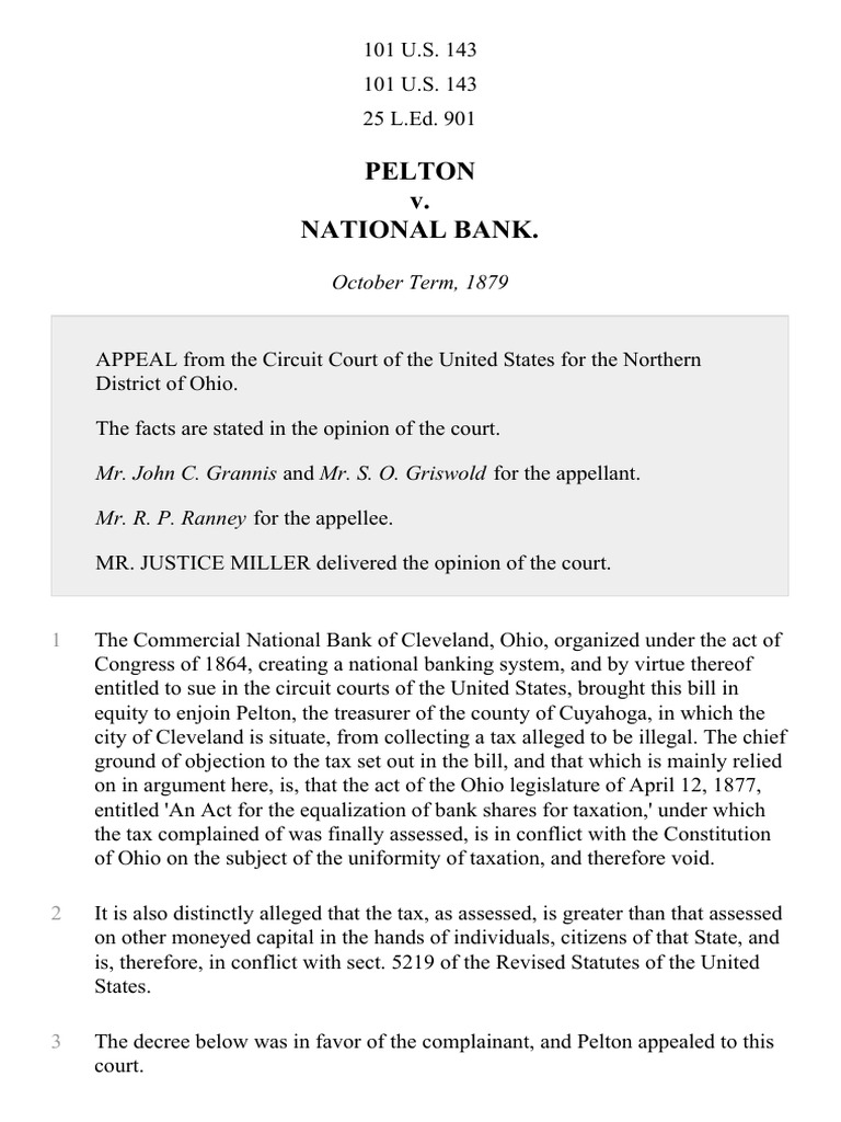 Pelton v. National Bank, 101 U.S. 143 (1880) | PDF | Valuation (Finance ...