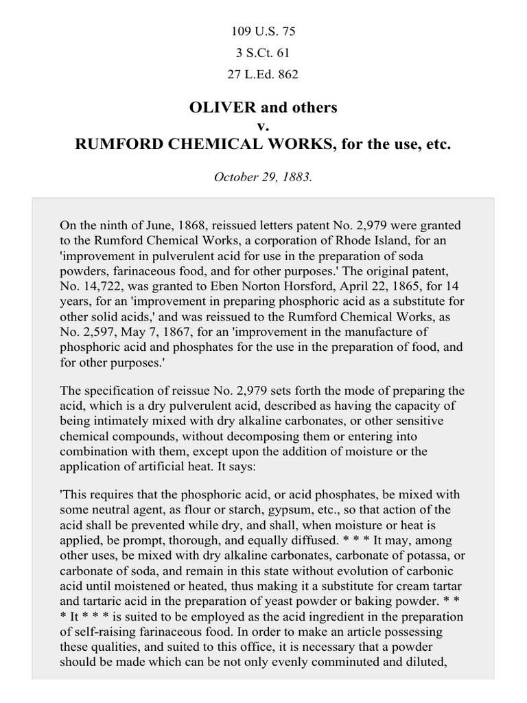 Oliver v. Rumford Chemical Works, 109 U.S. 75 (1883) | PDF | Assignment ...