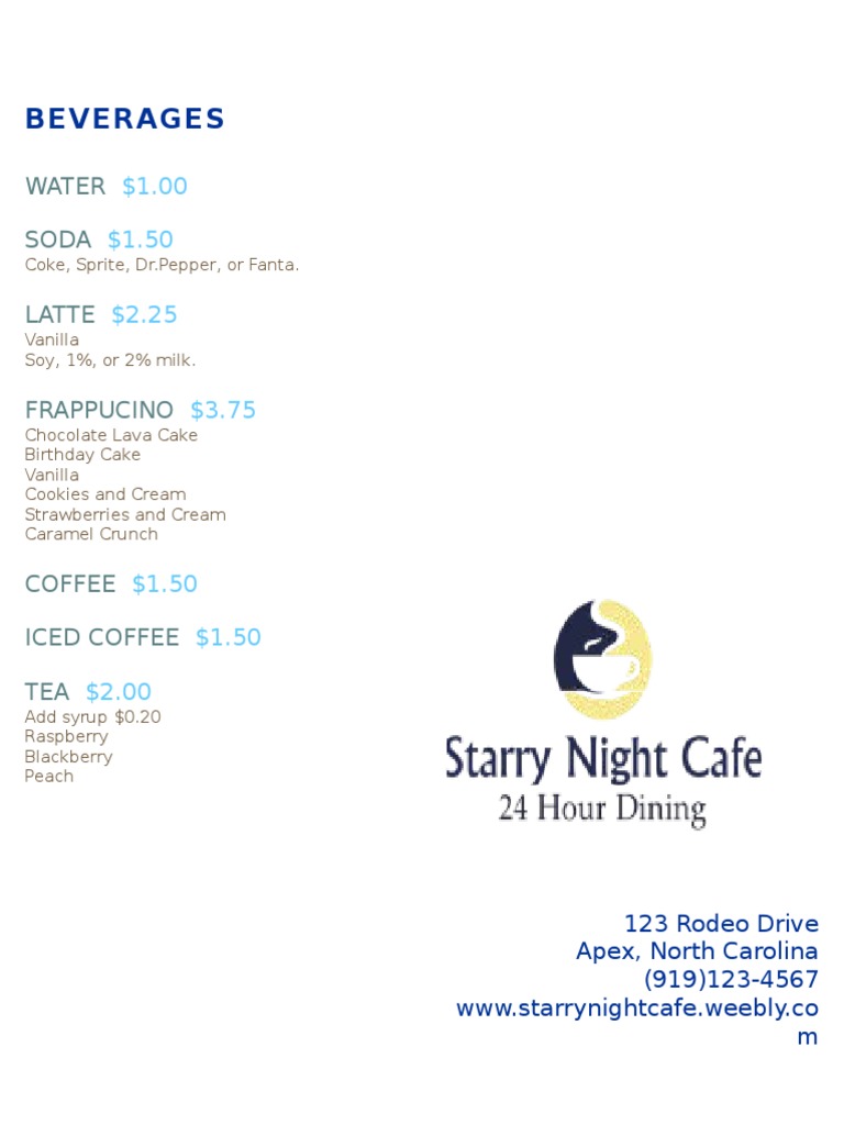 Starry Night Cafe Menu Overview | PDF