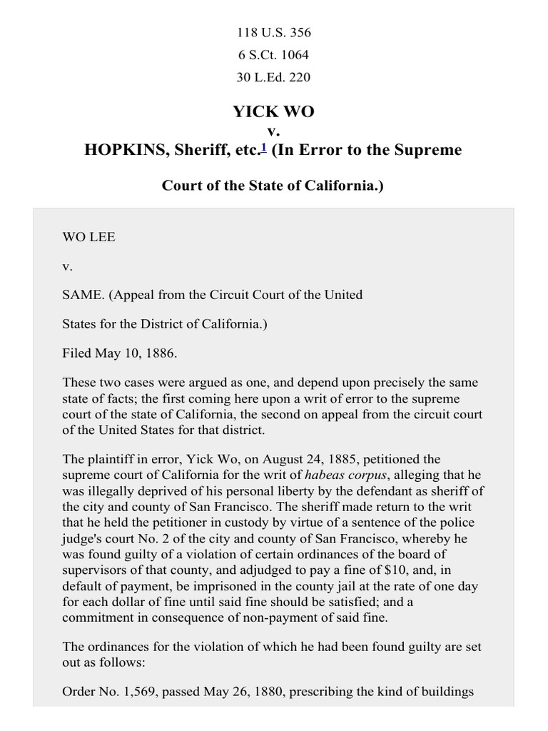 Yick Wo v. Hopkins, 118 U.S. 356 (1886) | PDF | Fourteenth Amendment To ...