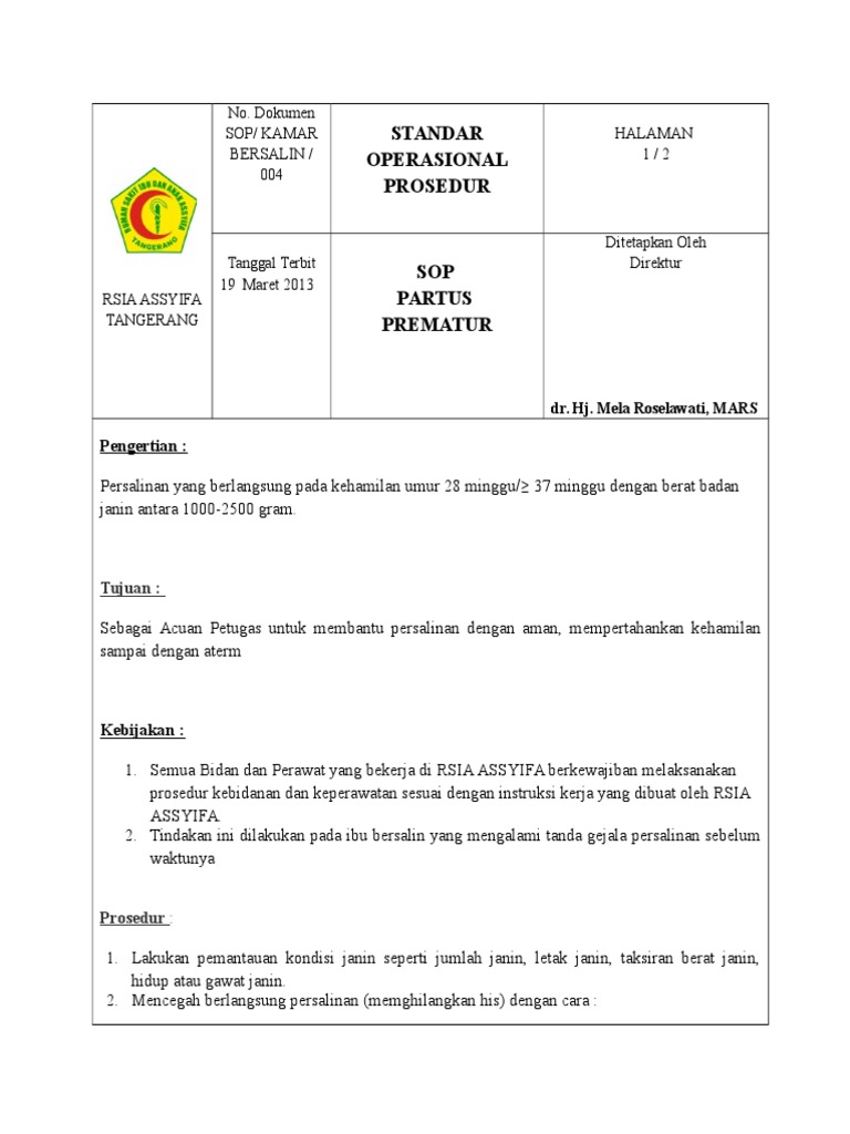 4 Sop Partus Imathurus Prematur | PDF | Kesehatan Holistik