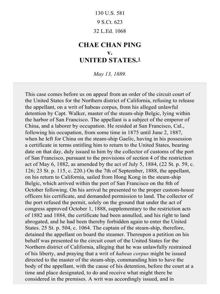 Chae Chan Ping v. United States | PDF | Treaty | Sovereignty