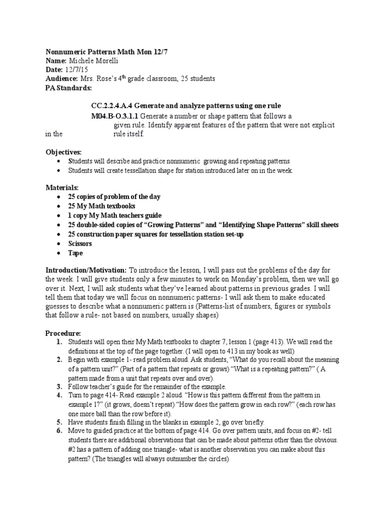 Nonnumeric Patterns Lesson Plan | PDF | Educational Psychology ...