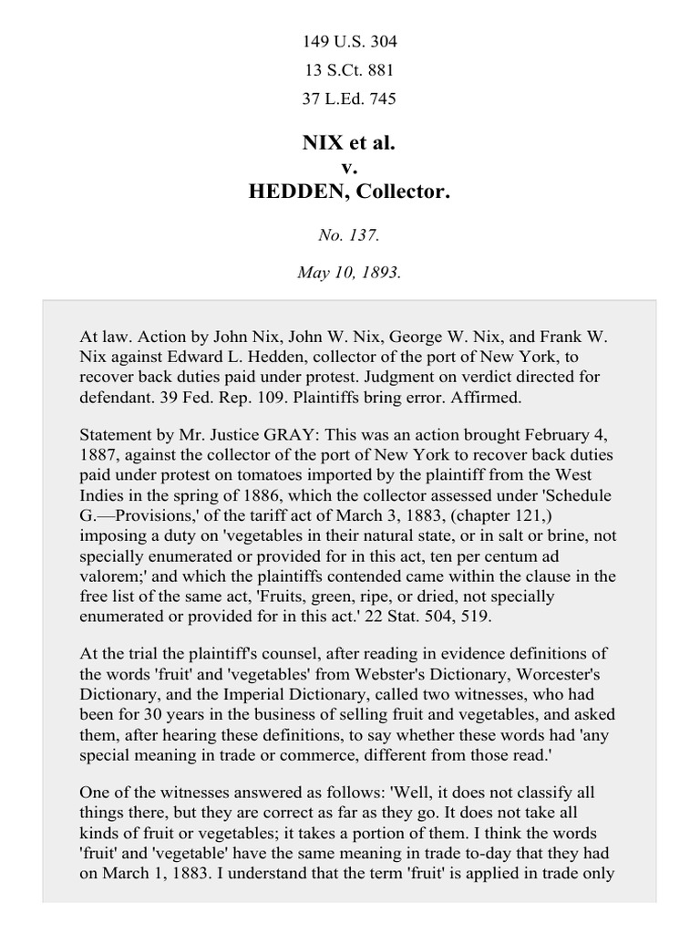 Nix v. Hedden, 149 U.S. 304 (1893) | PDF | Vegetables | Vegan Cuisine