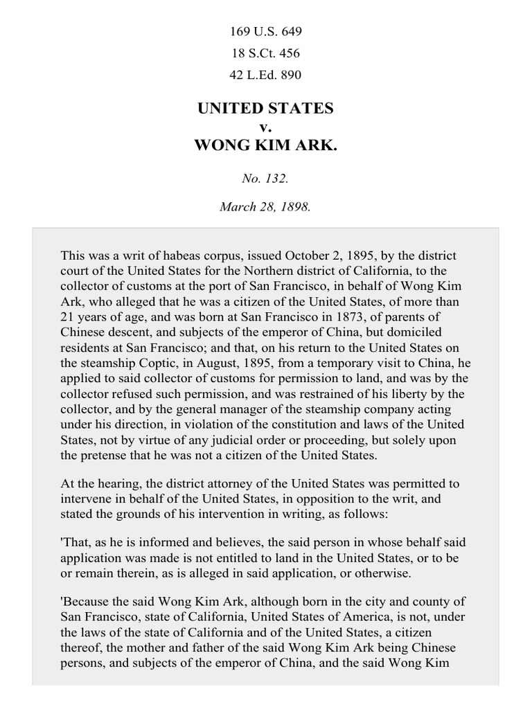 United States v. Wong Kim Ark, 169 U.S. 649 (1898) | PDF | Allegiance ...