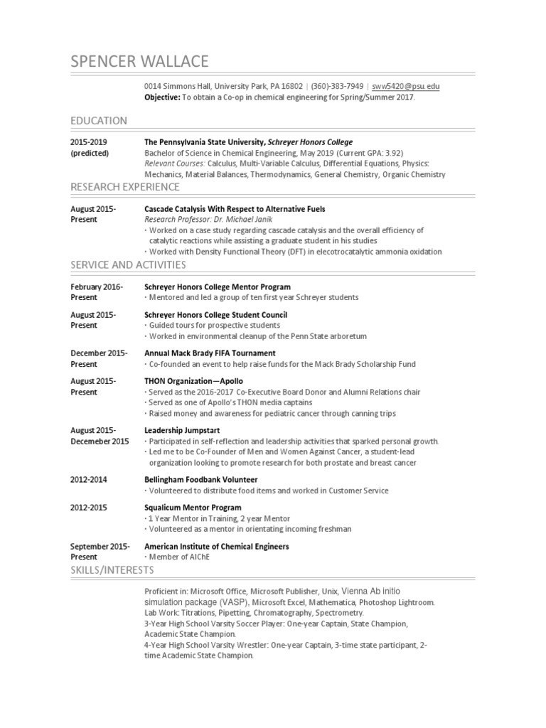 Chemical Engineering Co-op Resume | PDF