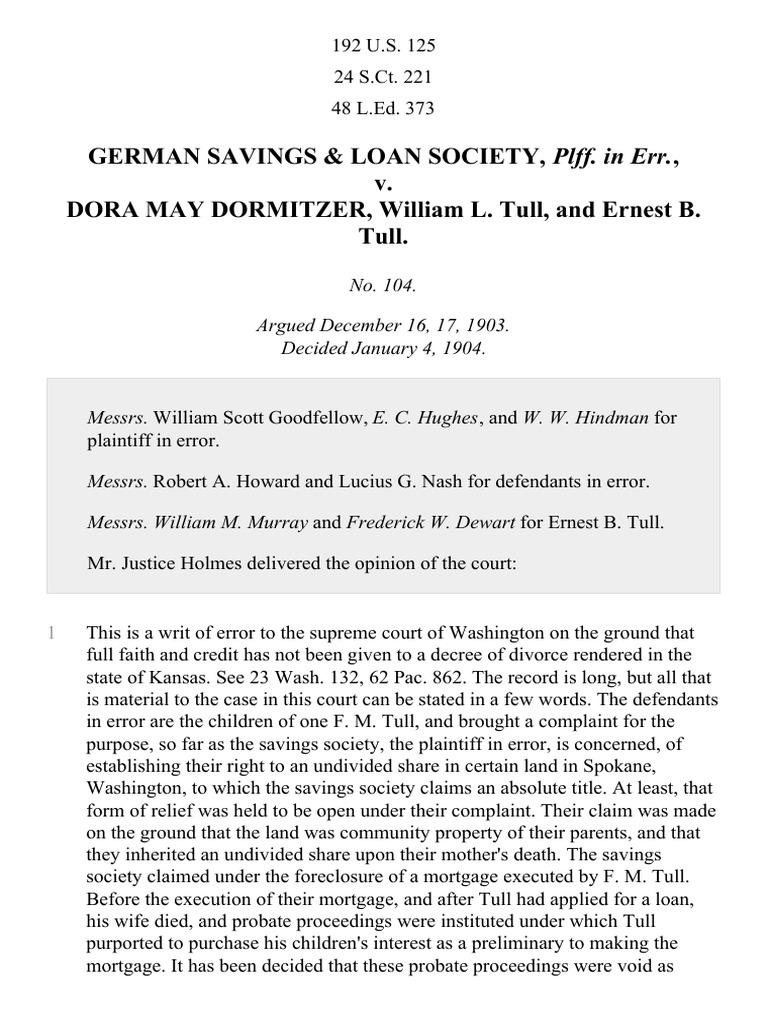 German Sav. and Loan Soc. v. Dormitzer, 192 U.S. 125 (1904) | PDF ...