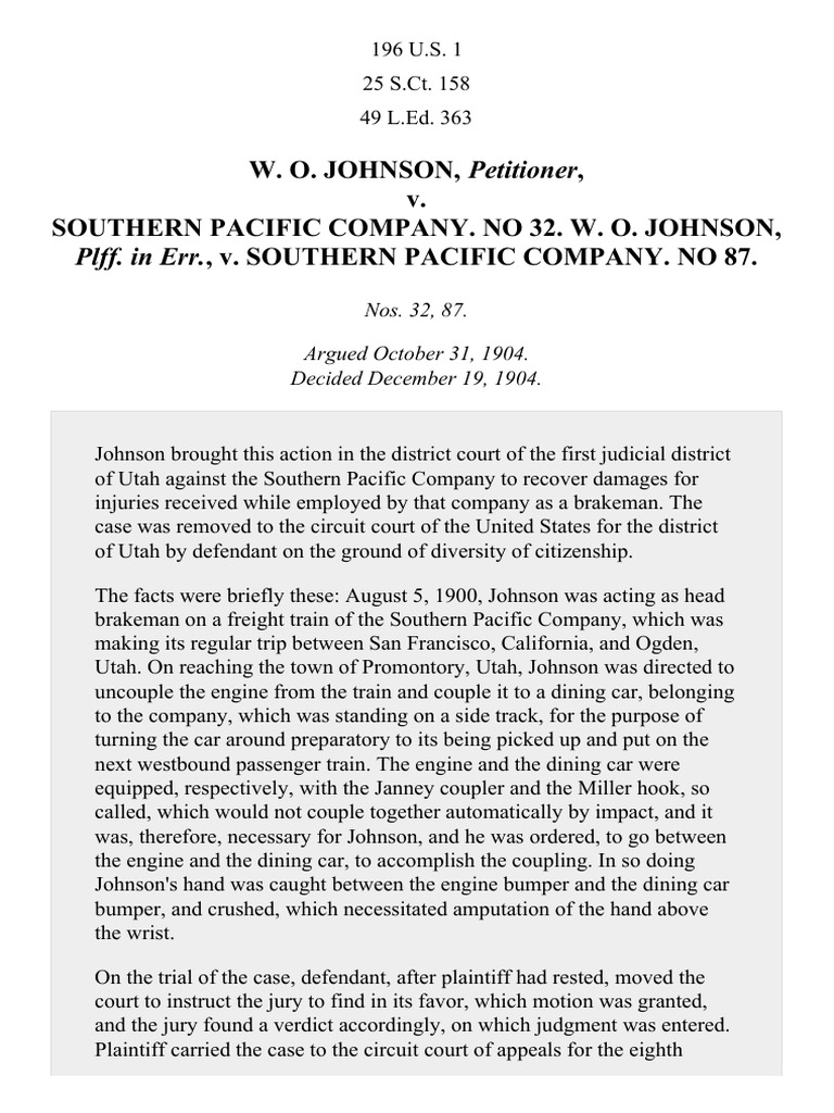 Johnson v. Southern Pacific Co., 196 U.S. 1 (1904) | PDF | Government ...