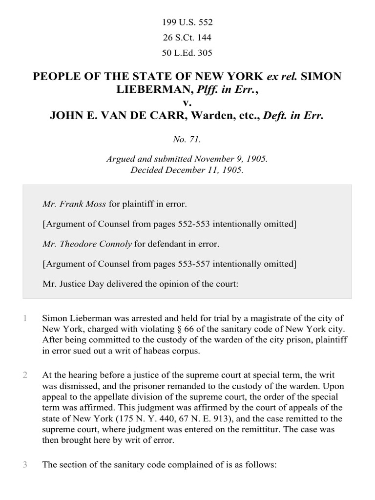 New York Ex Rel. Lieberman v. Van de Carr, 199 U.S. 552 (1905) | PDF ...