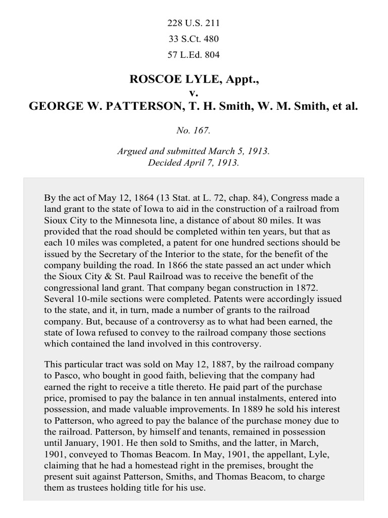 Lyle v. Patterson, 228 U.S. 211 (1913) | PDF | Title (Property) | Lawsuit