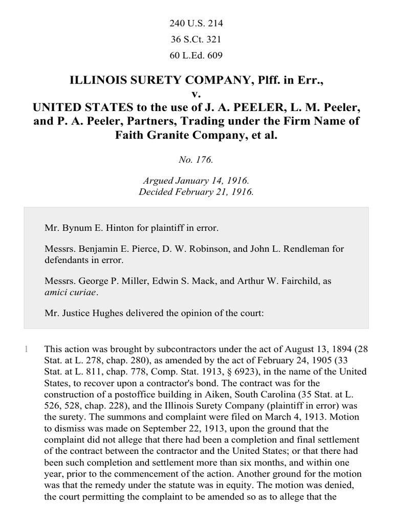 Illinois Surety Co. v. United States Ex Rel. Peeler, 240 U.S. 214 (1916 ...