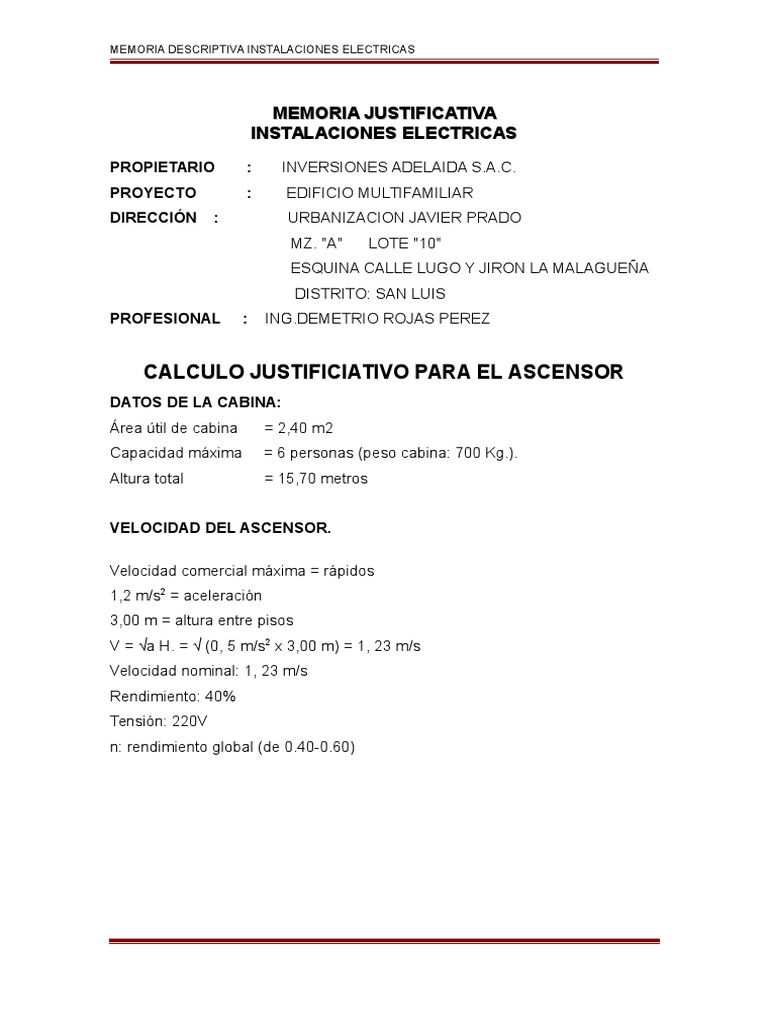Calculo Ascensor Final | PDF | Energia electrica | Ascensor