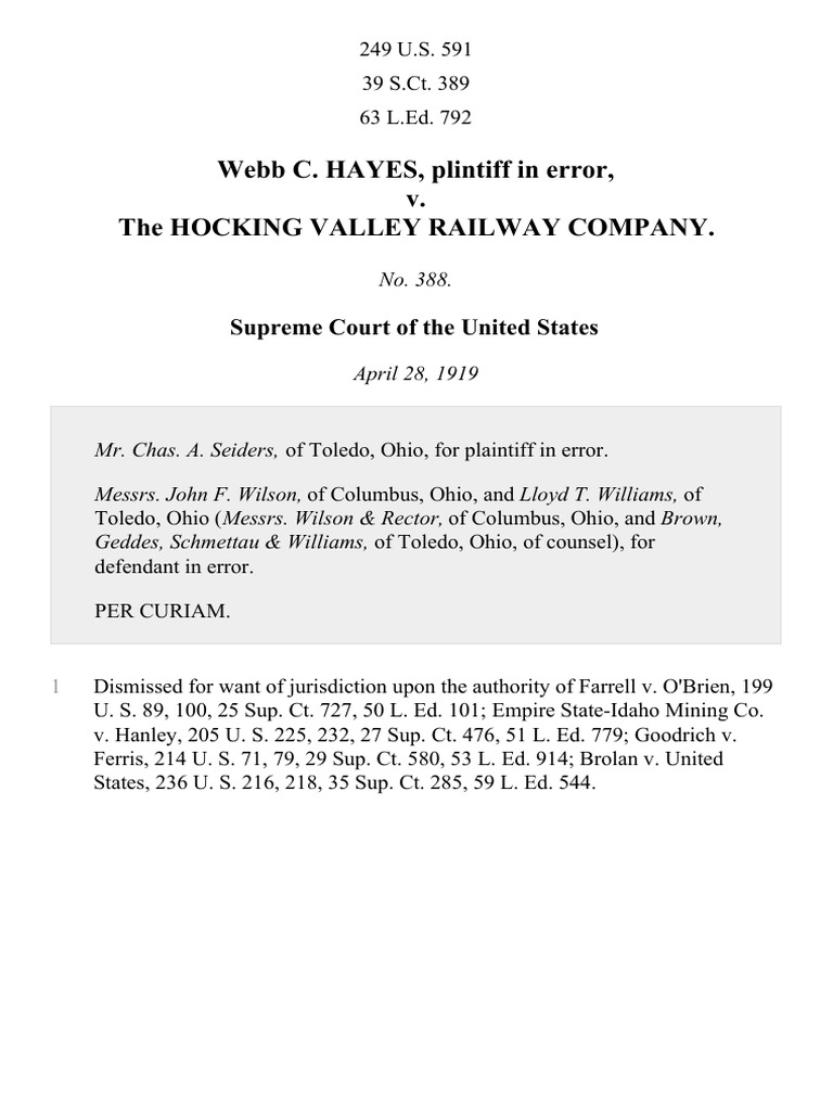 Webb C. Hayes, Plintiff in Error v. The Hocking Valley Railway Company ...