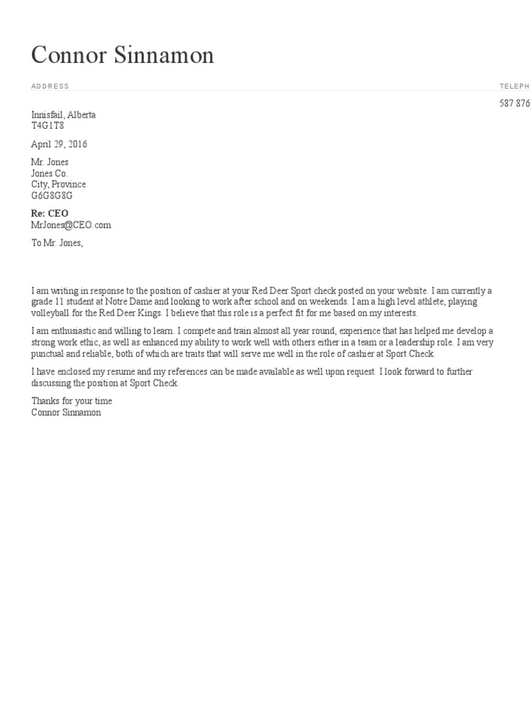 Cover Letter-Connor Sinnamon 2016-04-29 1 | PDF | Self-Improvement