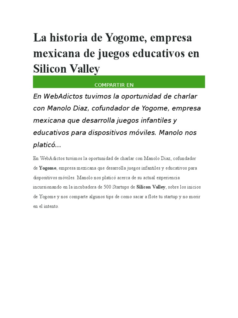 Yogome: Juegos Educativos en Silicon Valley | PDF | Empresa de inicio ...