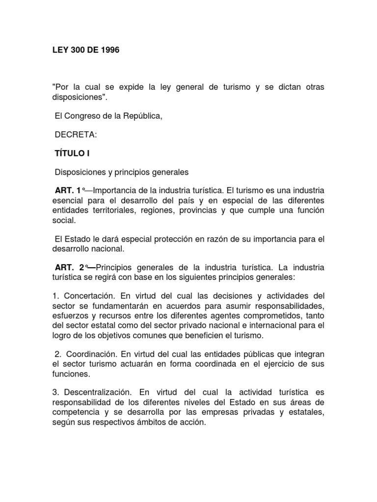 LEY 300 de 1996 Ley General de Turismo | PDF | Turismo | Planificación