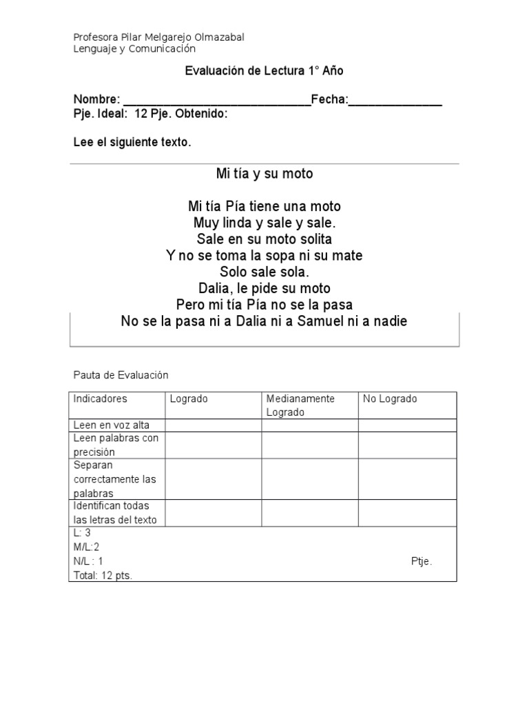 Evaluación de Lectura 1° Año Escolar | PDF
