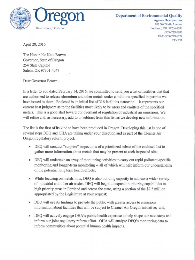 DEQ Letter To Governor Brown On Metal-Emitting Facilities | PDF ...