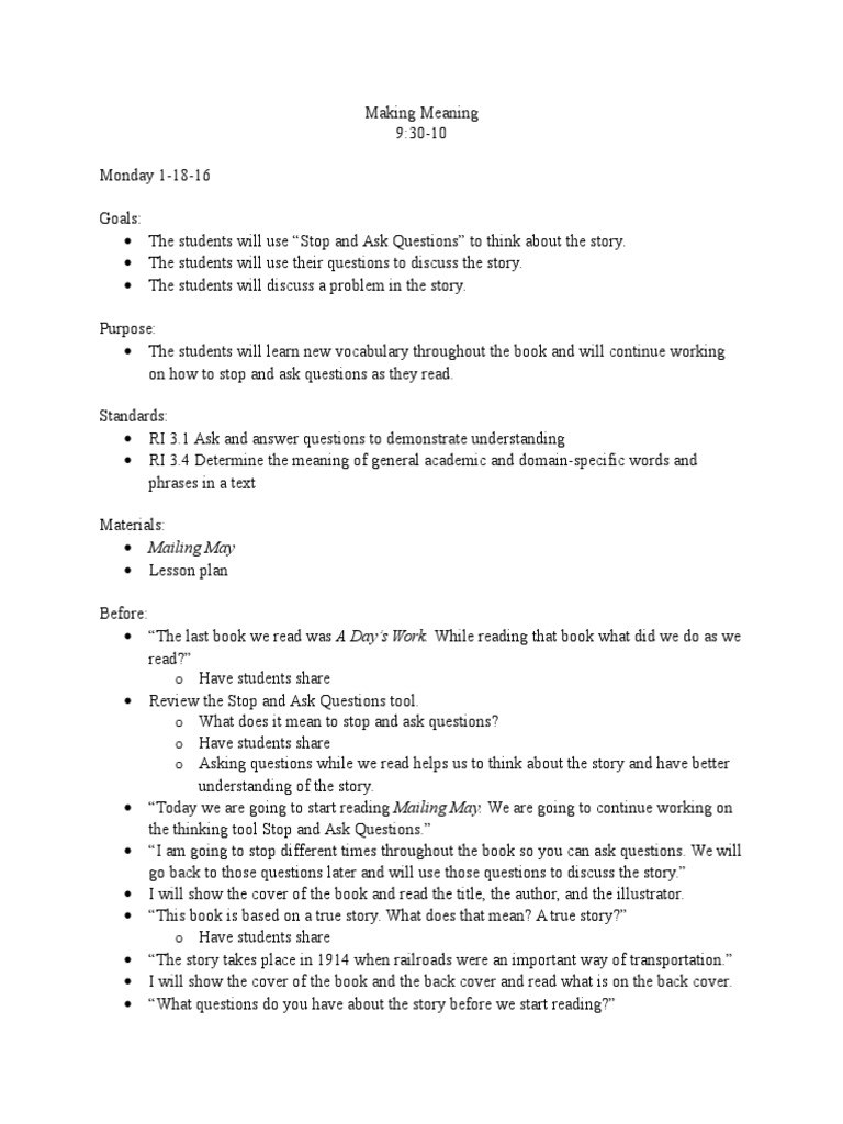 Mailing May Making Meaning | PDF | Lesson Plan | Vocabulary