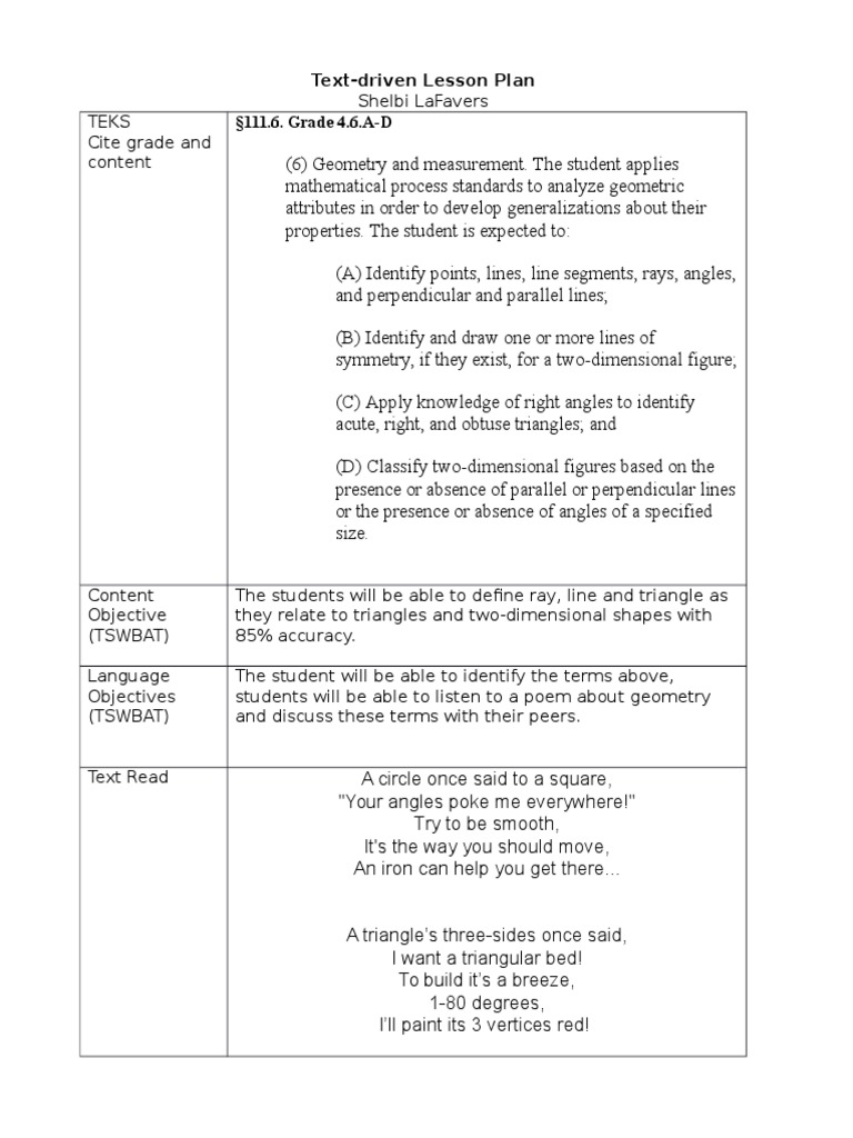 Text Driven Lesson Plan Spring 2016 | PDF | Angle | Perpendicular