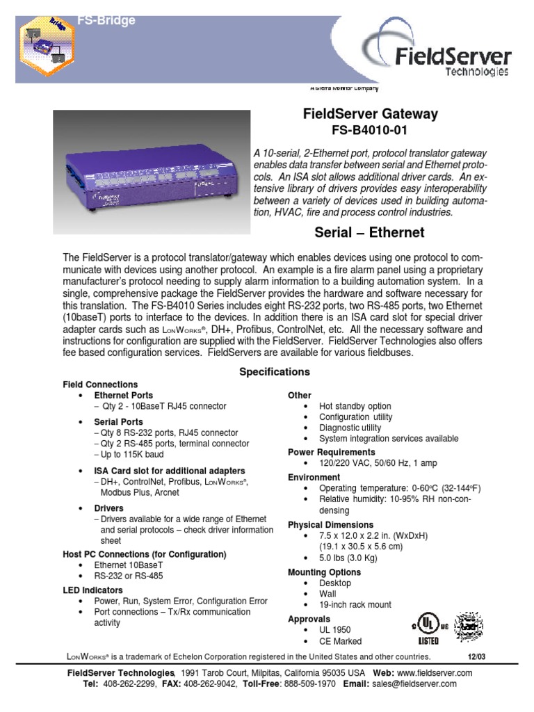 Fs-Bridge: Fieldserver Gateway | PDF | Technology & Engineering