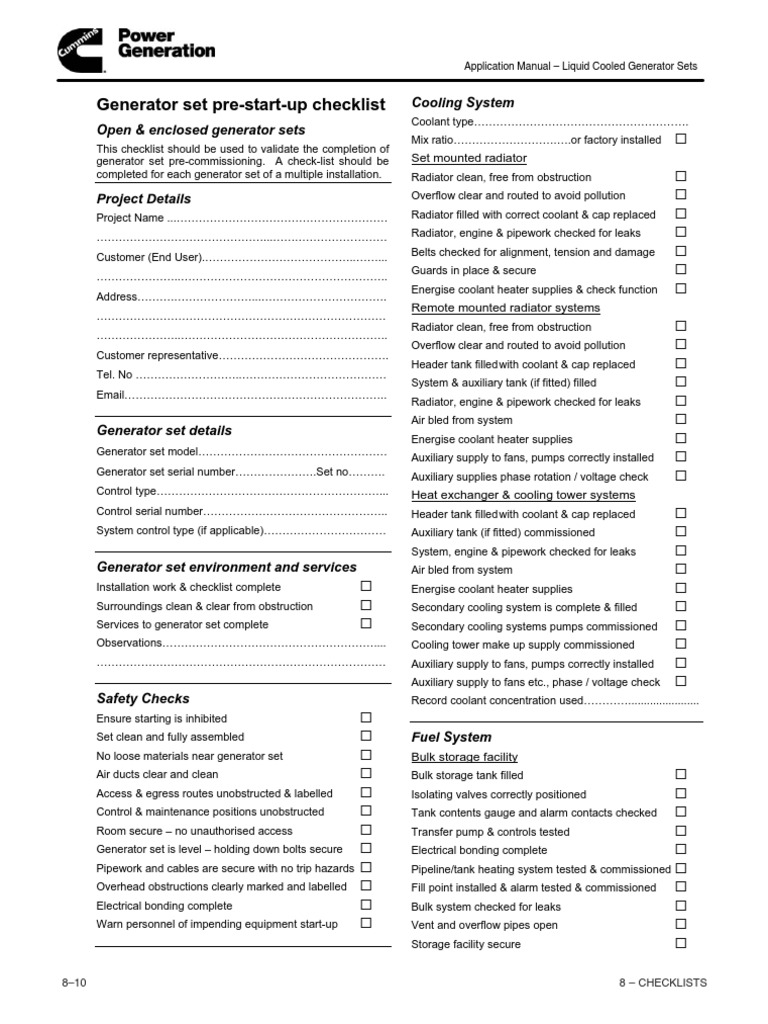 Generator Set Pre-Start-Up Checklist | PDF | Radiator | Valve