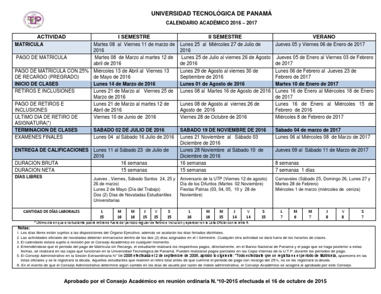 Utp Calendario Academico 2016 2017 | PDF | Calendario